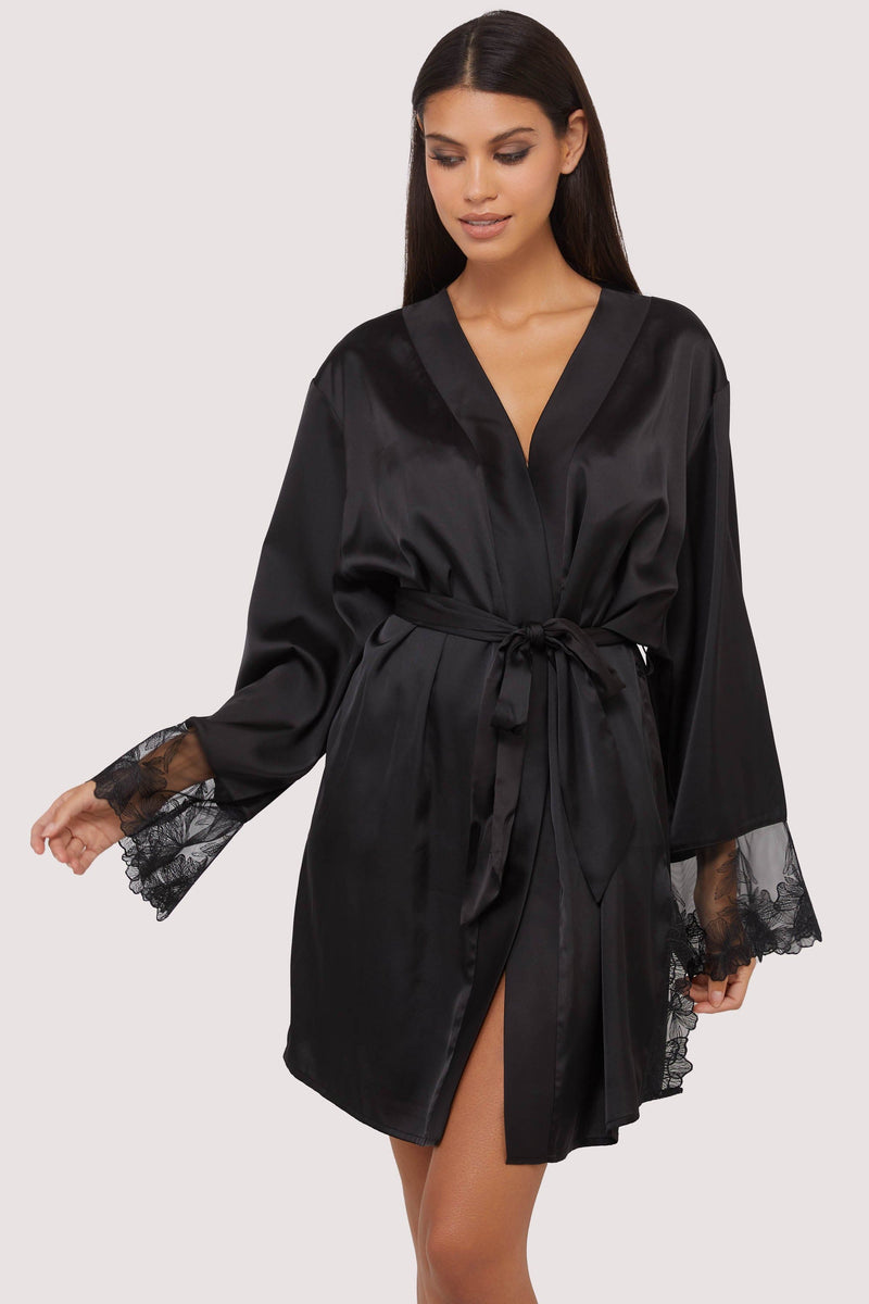 Eleanor Black Satin & Embroidery Robe – Playful Promises Australia